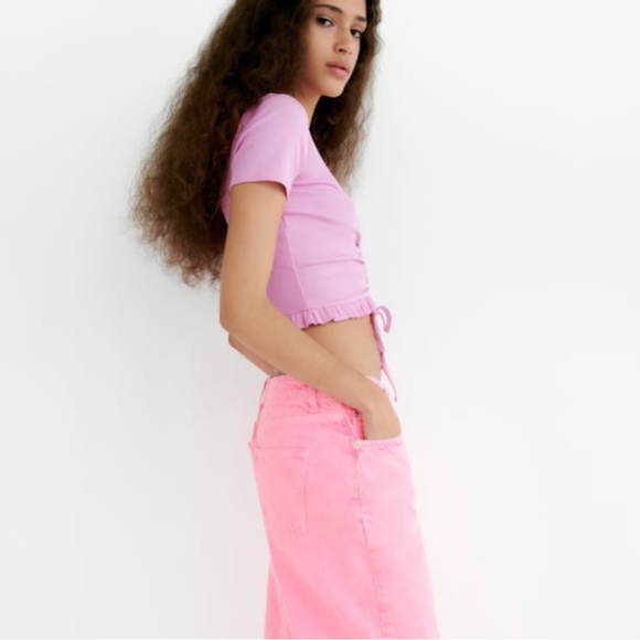 Zara | Tops | Zara Pink Gathered Top With Ruffle | Poshmark